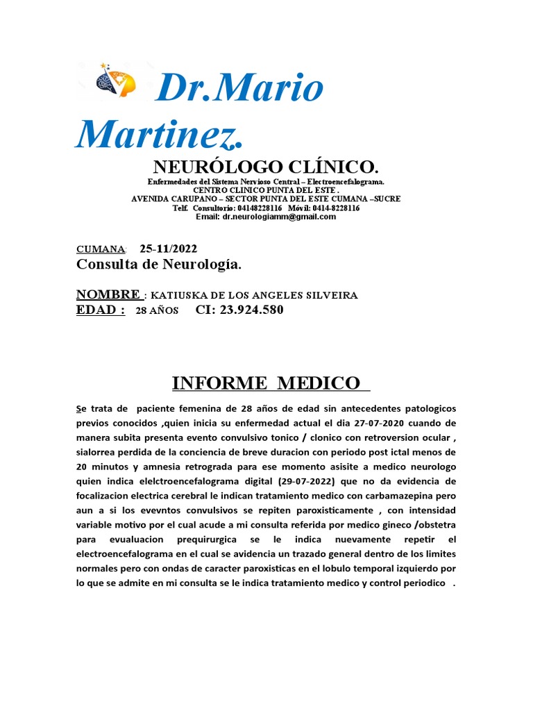 Informe Medico Engracia Mota | PDF | Neurología | Enfermedades y trastornos
