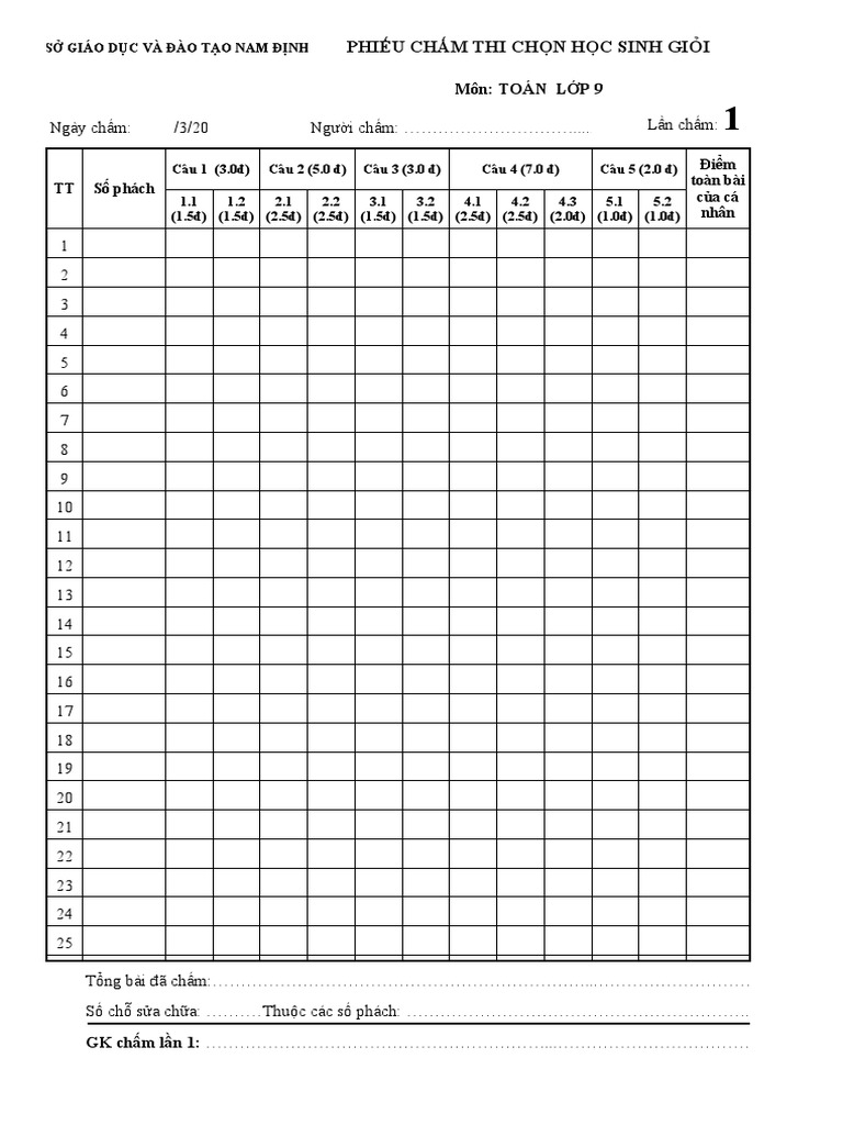 Phieu Cham Diem HSG9 Toan | PDF