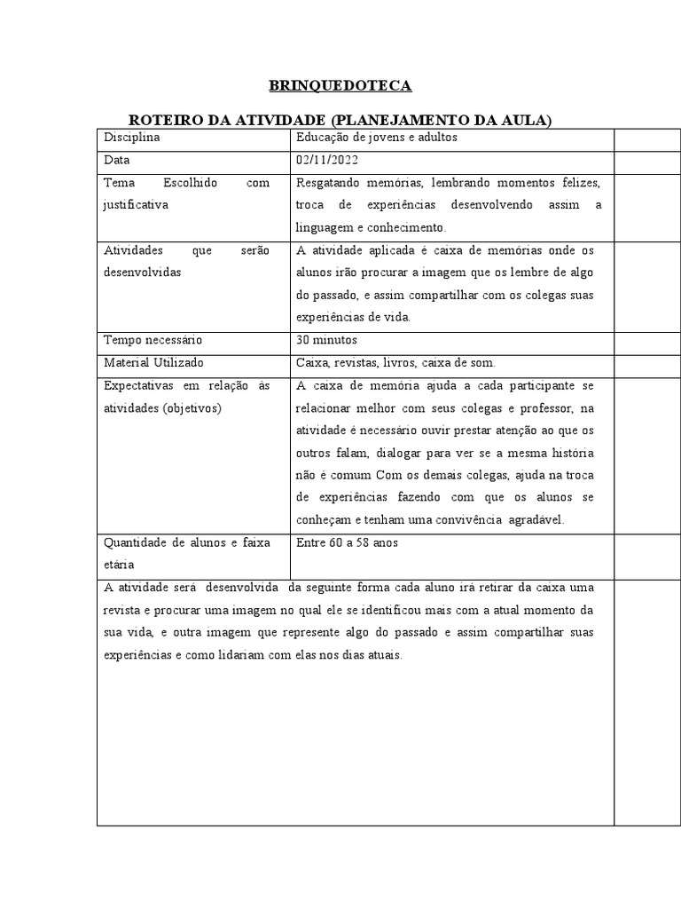 Cópia de Cópia de Planejamento e Relatório Da Brinquedoteca-Eja | PDF | Aprendizado
