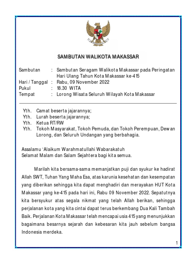 Sambutan HUT Makassar ke-415 | PDF | Perjalanan