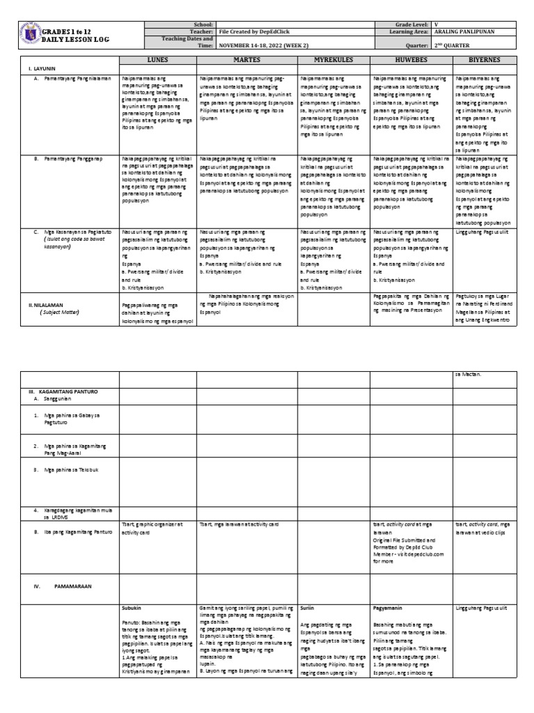 DLL - Araling Panlipunan 5 - Q2 - W2 | PDF
