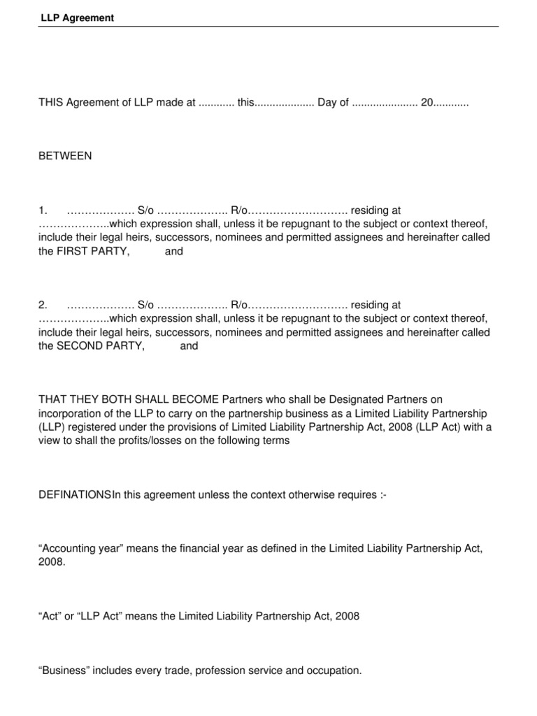 LLP Agreement - Sample 1 | PDF | Limited Liability Partnership | Law