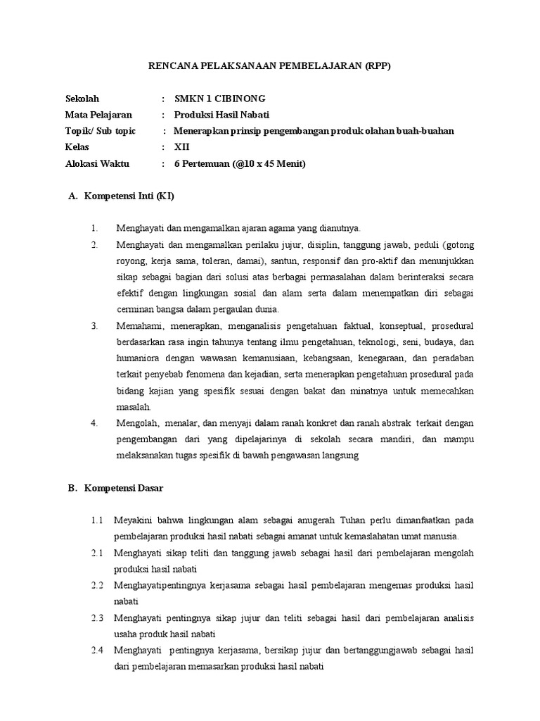 RPP KD 1 - Produk Olahan Buah-Buahan | PDF