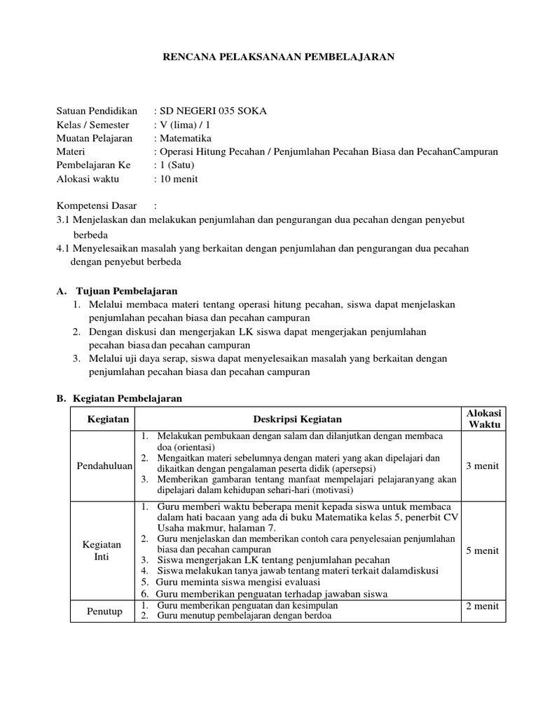 RPP Matematika Kelas 5 | PDF