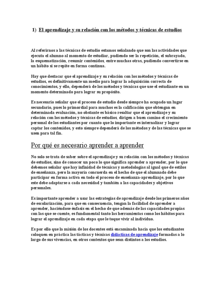El Aprendizaje y Su Relación Con Los Métodos y Técnicas de Estudios ...