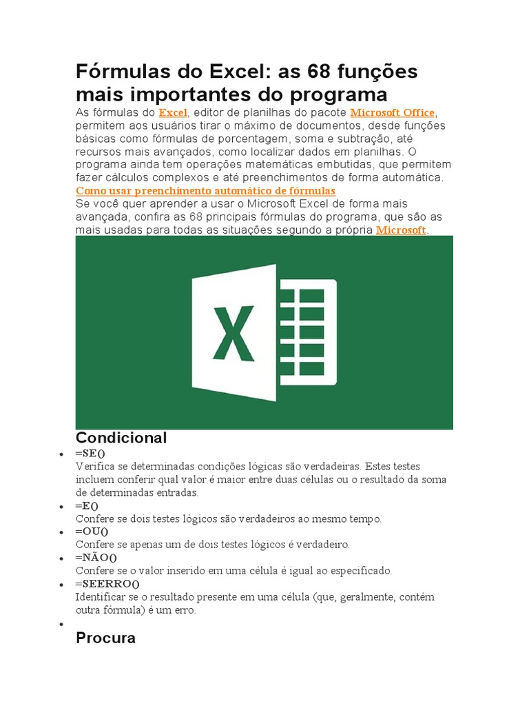 Fórmulas Do Excel | PDF | Planilha | Microsoft Excel