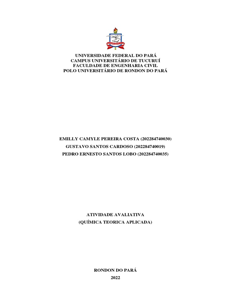Atividade Avaliativa de QUIMICA TEORICA APLICADA | PDF | Cimento | Química Atividade Avaliativa de QUIMICA TEORICA APLICADA | PDF | Cimento | Química