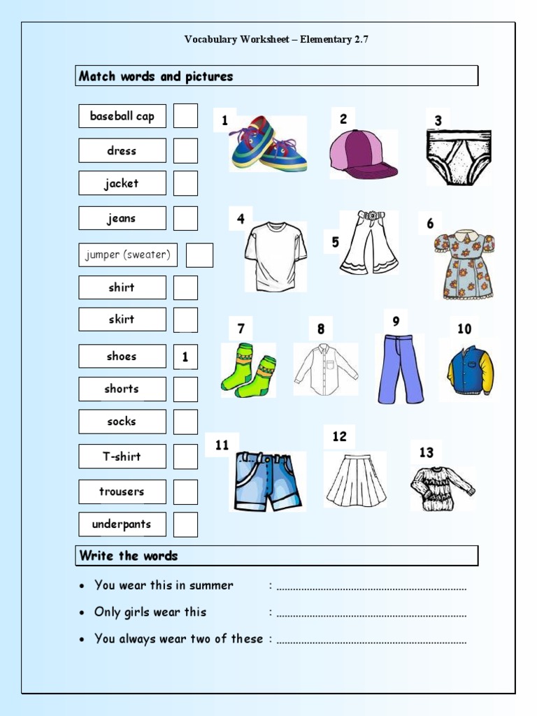 Vocabulary Matching Worksheet Elementary 27 Clothe - 12290 | PDF