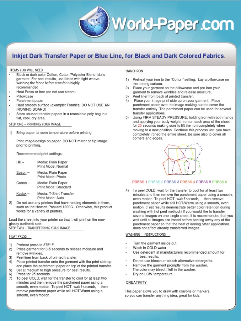 Blue Line Dark Inkjet Heat Transfer Paper | PDF | Paper | Clothing