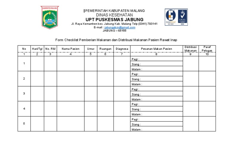 Form Checklist Pemberian Makanan Dan Distribusi Makanan Pasien Rawat ...