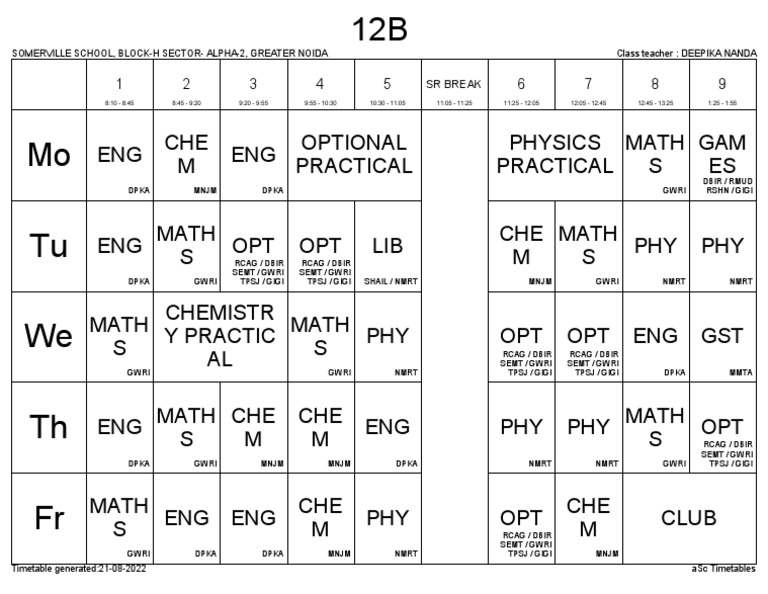 12B Class Timetable - 22 August 2022 | PDF