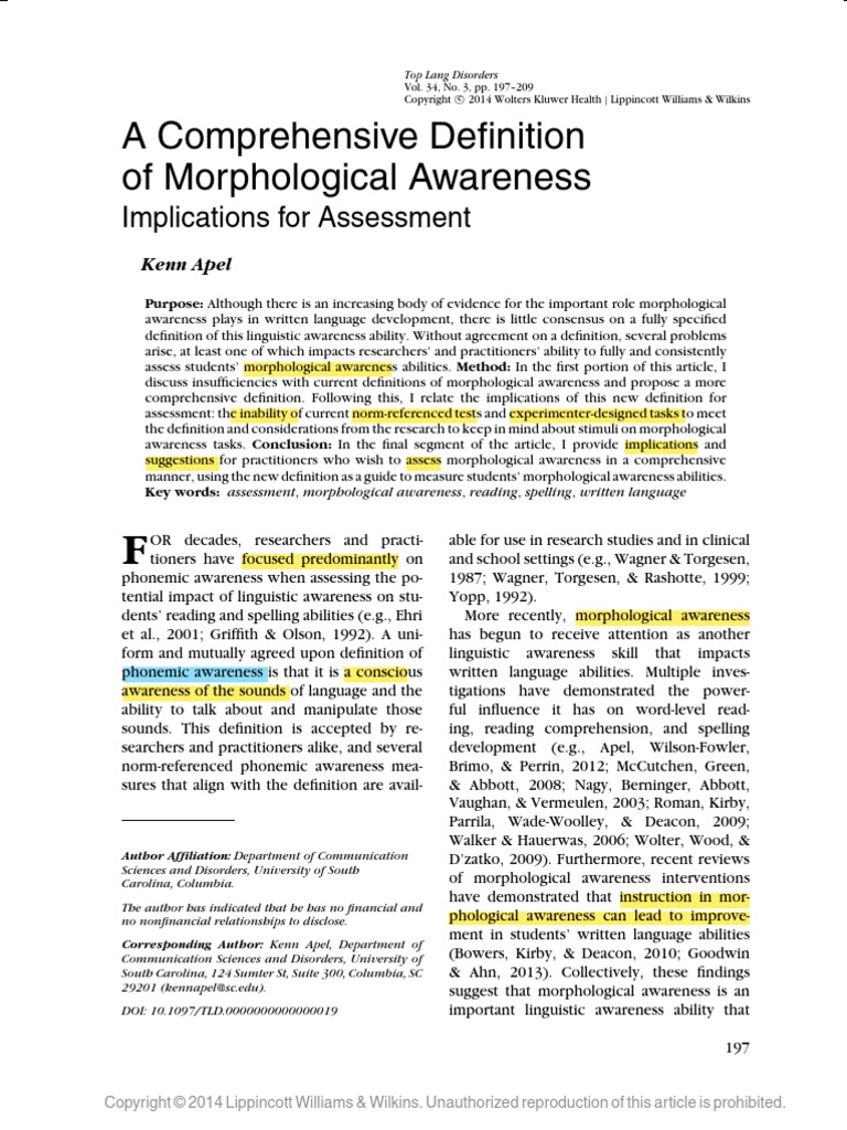 Apel, 2014, A Comprehensive Definition of Morphological Awareness | PDF