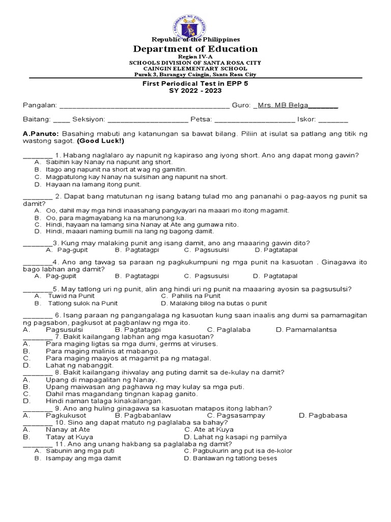 EPP 1st Periodical Test H.E. | PDF