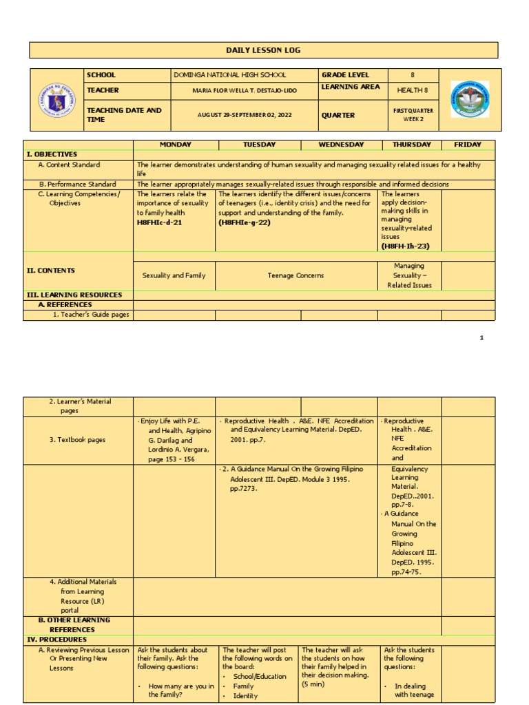 Grade 8 Health Lesson Plan | PDF | Behavior | Adolescence