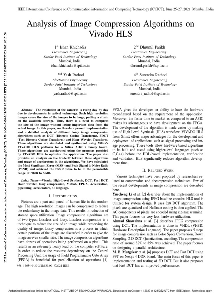 Analysis Of Image Compression Algorithms On Vivado Hls Pdf Data Compression Computer 