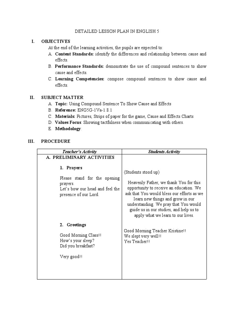 Detailed Lesson Plan in English 5 | PDF | Lesson Plan | Sentence ...