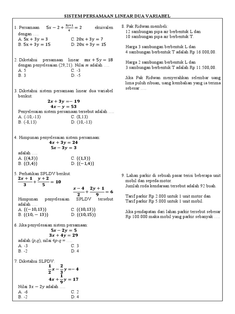 Sistem Persamaan Linear Dua Variabel | PDF