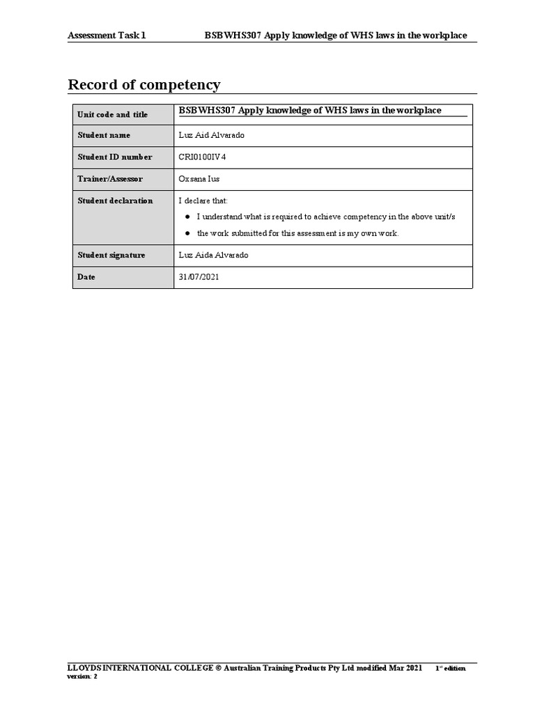 BSBWHS307 Task 1-LAlvarado-CRI0100IV4 | PDF | Occupational Safety And ...