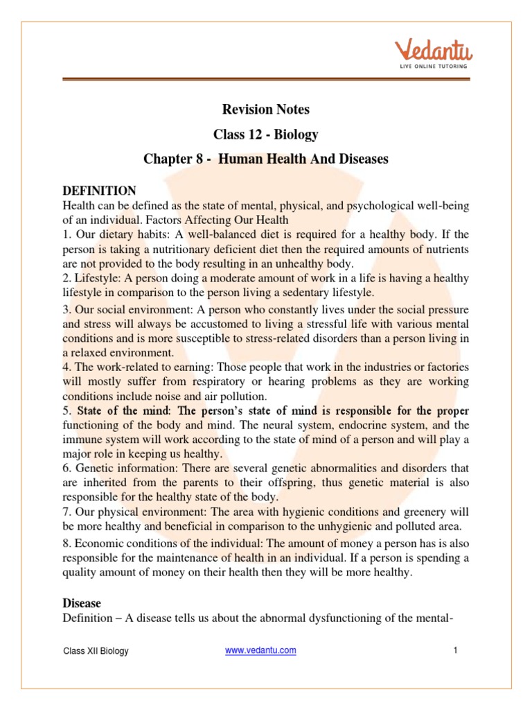 Read Revision Notes For CBSE Class 12 Biology Chapter 8 Human Health ...