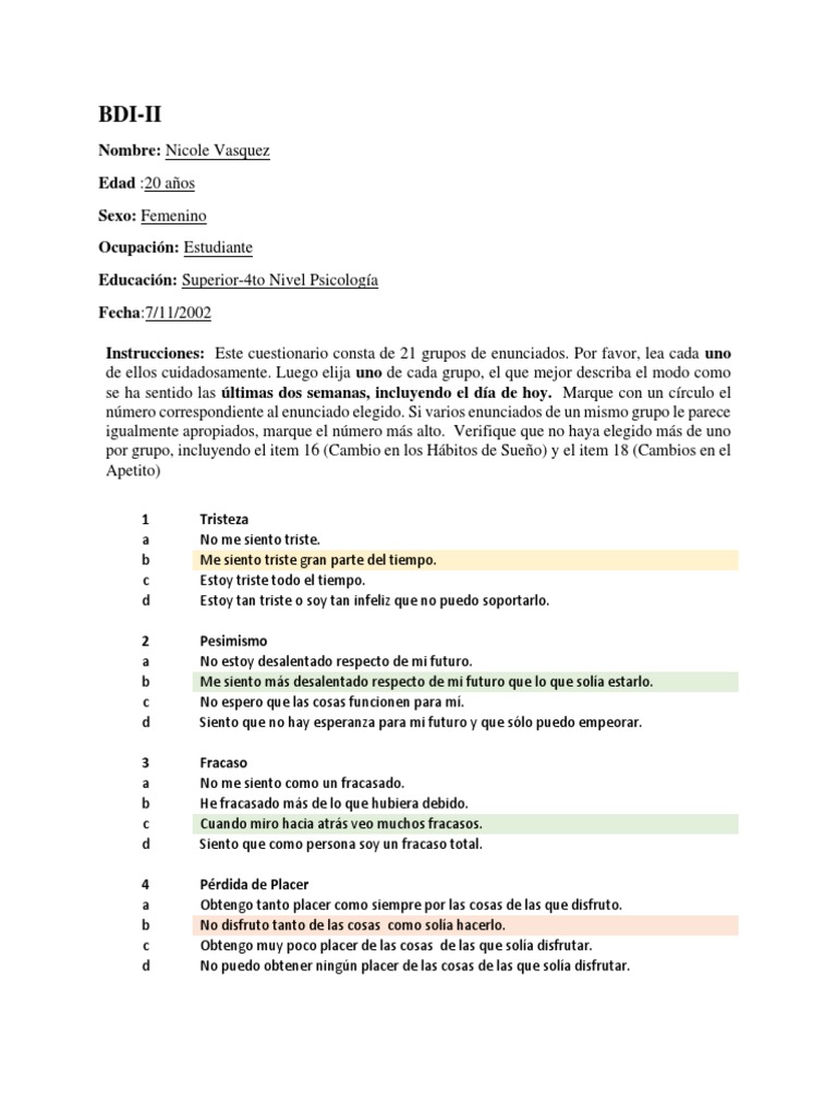 Cuestionario BDI-II: Evaluación de Depresión | PDF | Cocina, comidas y ...