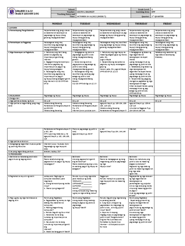 Grade 5 DLL EPP 5 Q1 Week 7 | PDF
