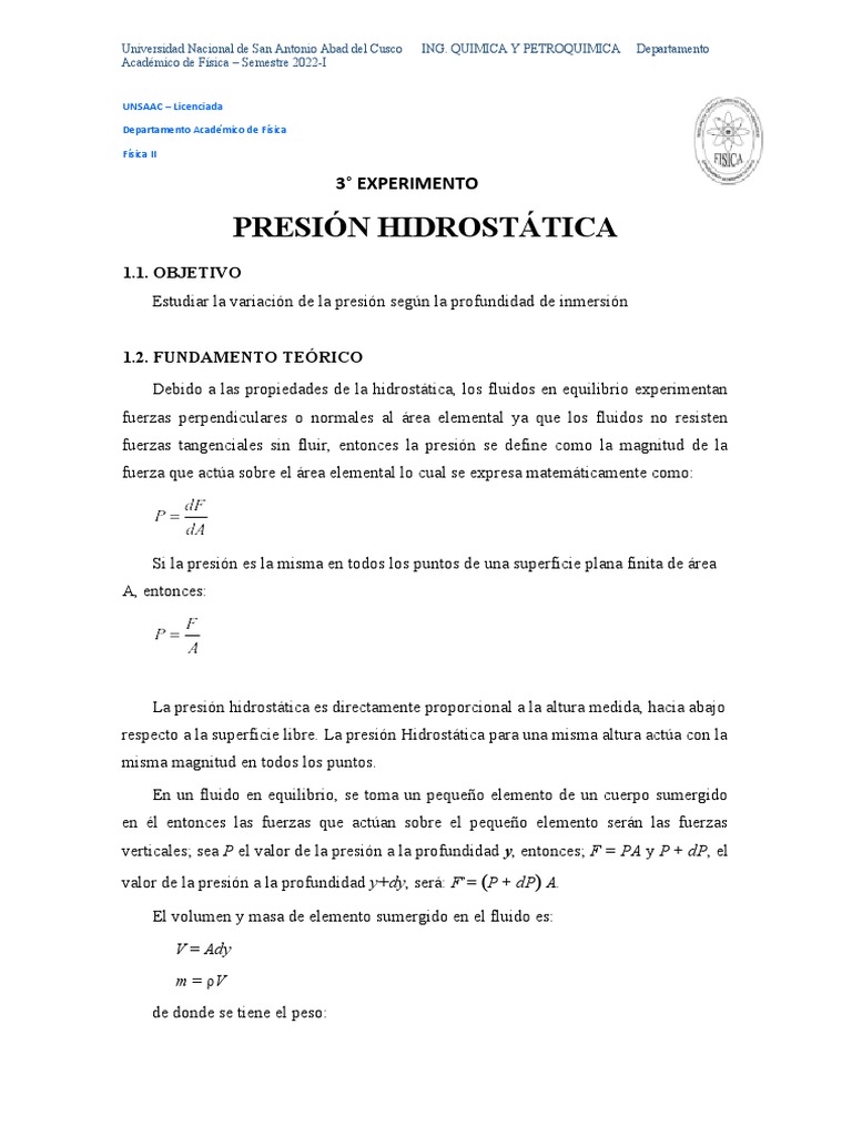 Presión Hidrostática: Experimento y Análisis | PDF | Presión | Medida ...