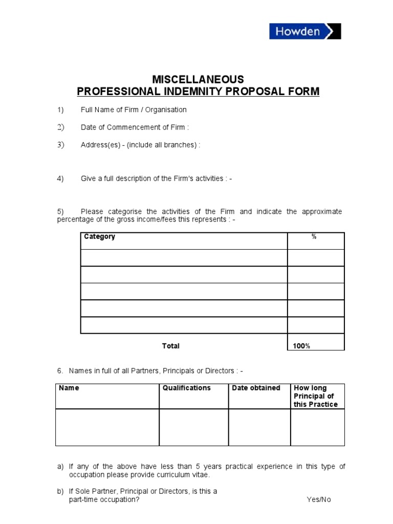 Miscellaneous Professional Indemnity Proposal Form: Category % | PDF ...