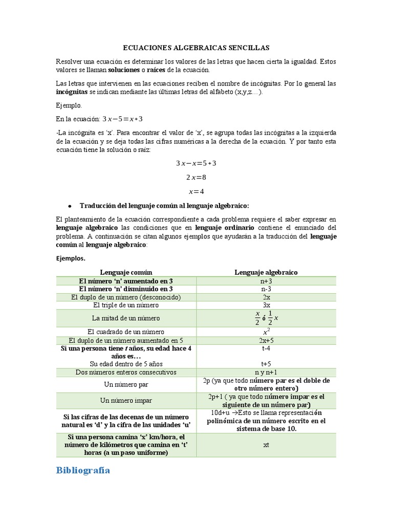 Introducción a la resolución de ecuaciones algebraicas simples y la traducción del lenguaje ...
