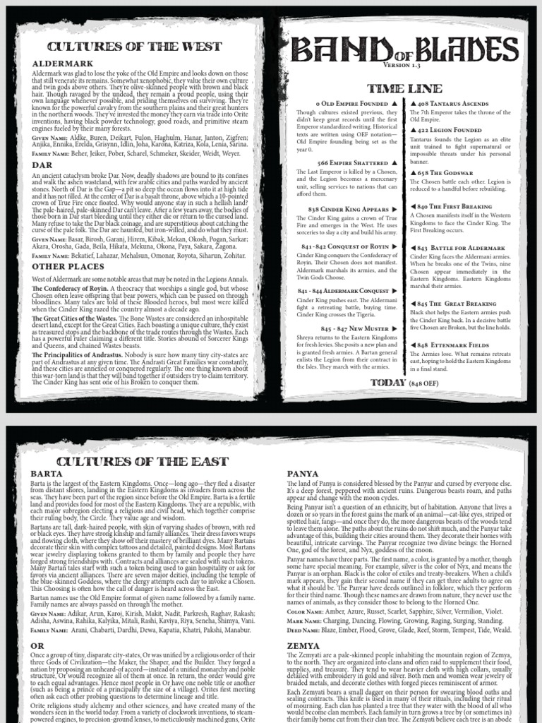Band of Blades - Players Aid - Cultures & Timeline | PDF
