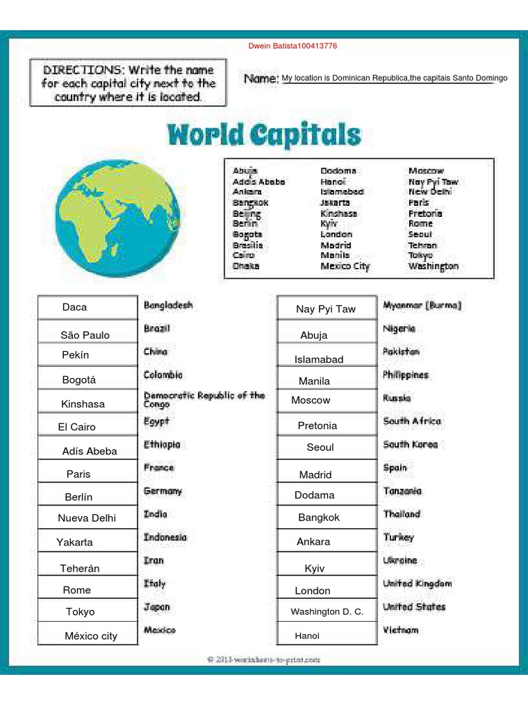 World Capitals Worksheet | PDF
