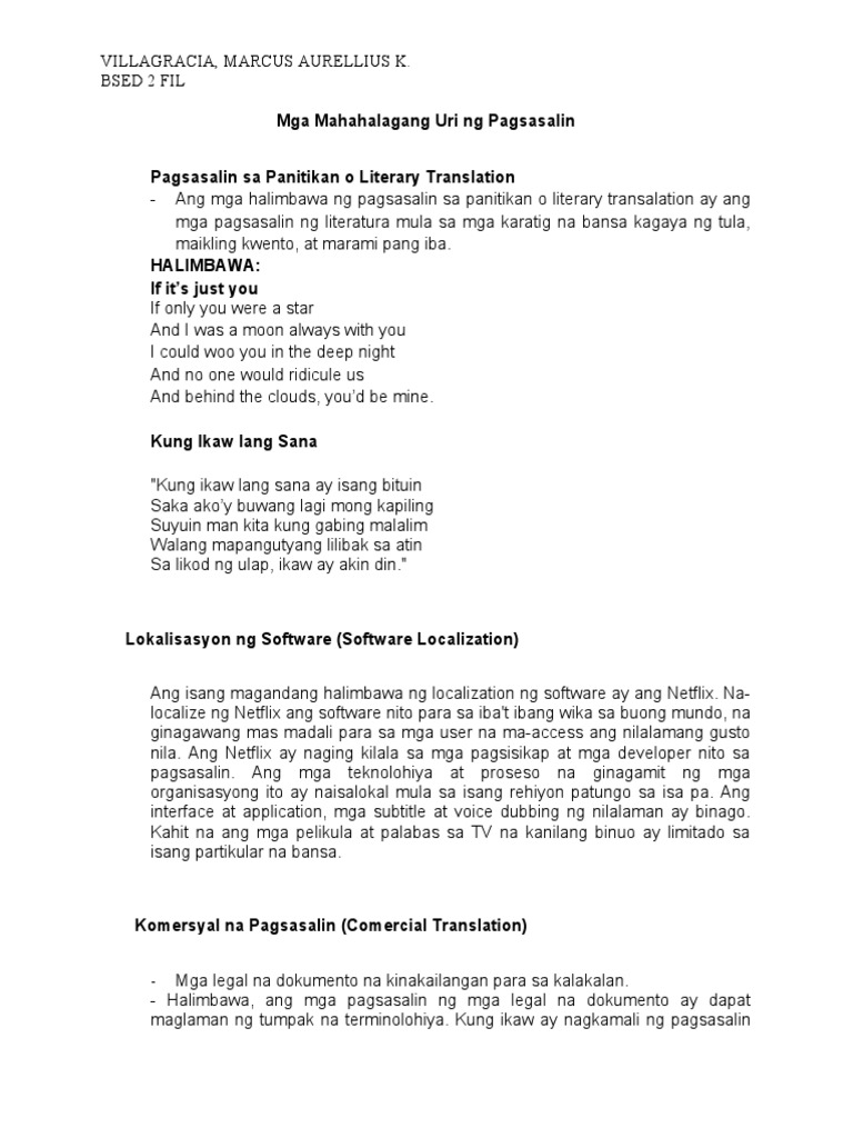 Mga Mahahalagang Uri NG Pagsasalin | PDF
