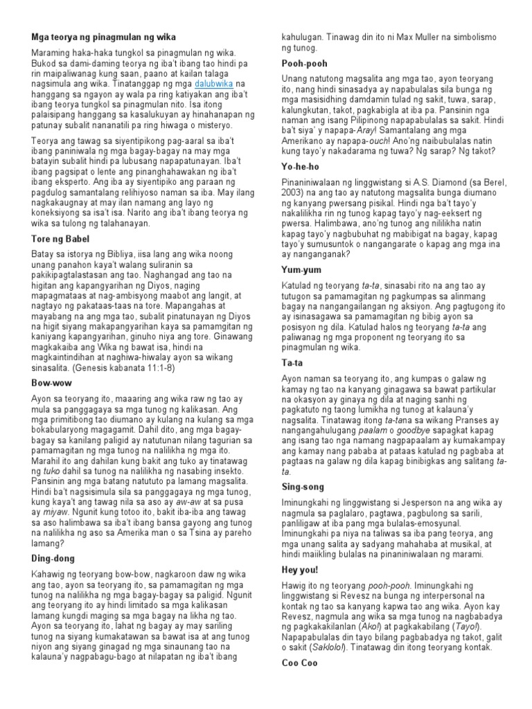 Mga Teorya NG Pinagmulan NG Wika | PDF