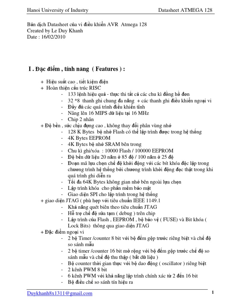 Datasheet - Atmega - 128 - Tieng - Viet - 9603 | PDF
