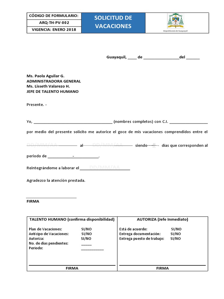 Formato Solicitud de Goce de Vacaciones Definitivo | PDF