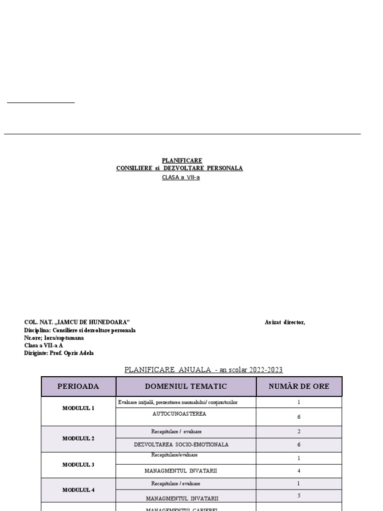 Planificare-Consiliere Si Dezvoltare Personala Cls VII-A 2022-2023 | PDF