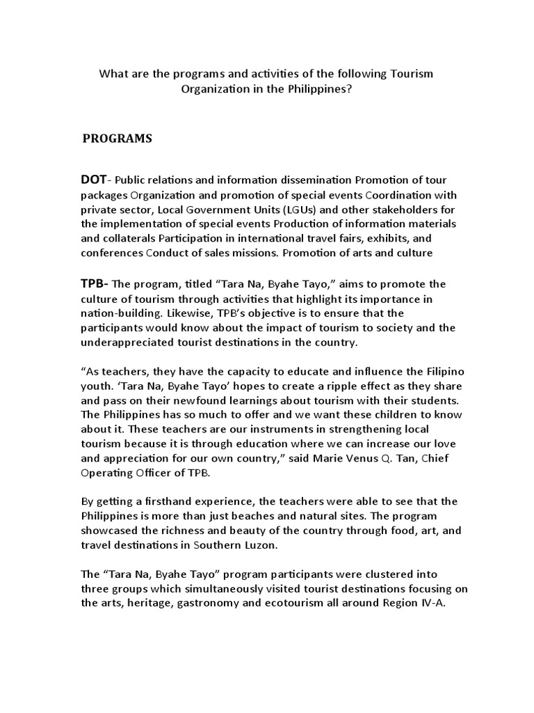 What Are The Programs and Activities of The Following Tourism ...