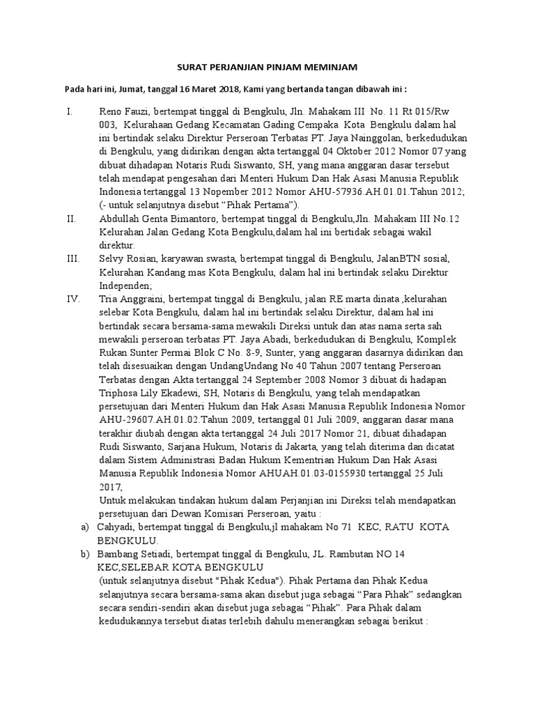 Surat Perjanjian Pinjam Meminjam | PDF