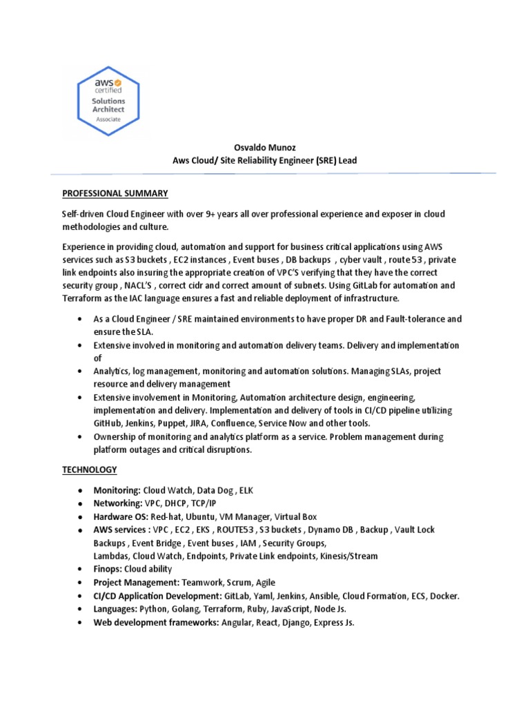 Osvaldo Munoz Aws Cloud/ Site Reliability Engineer (SRE) Lead Professional Summary | PDF | Cloud ...