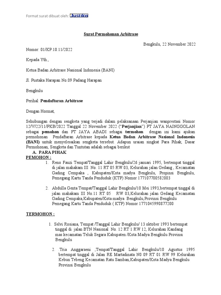Permohonan Arbitrase BANI Sengketa PT Jaya | PDF