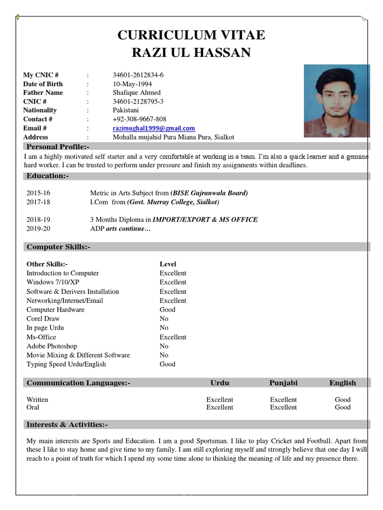 Curriculum Vitae Razi Ul Hassan: Personal Profile | PDF