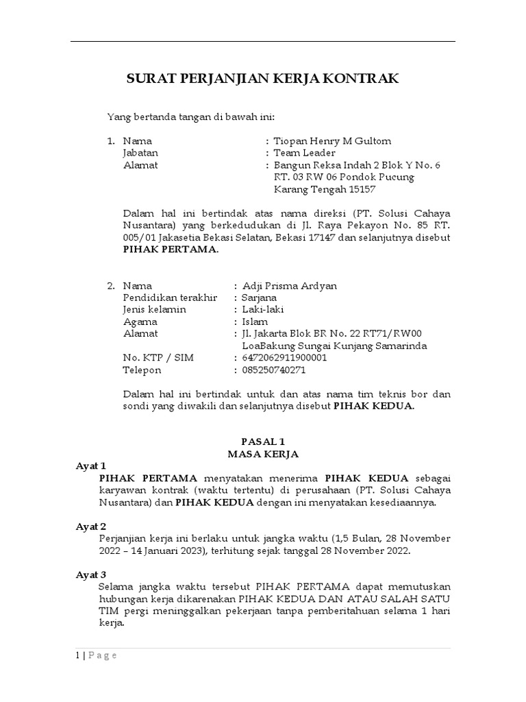 Surat Perjanjian Kerja Kontrak - Sub Pak Adji | PDF