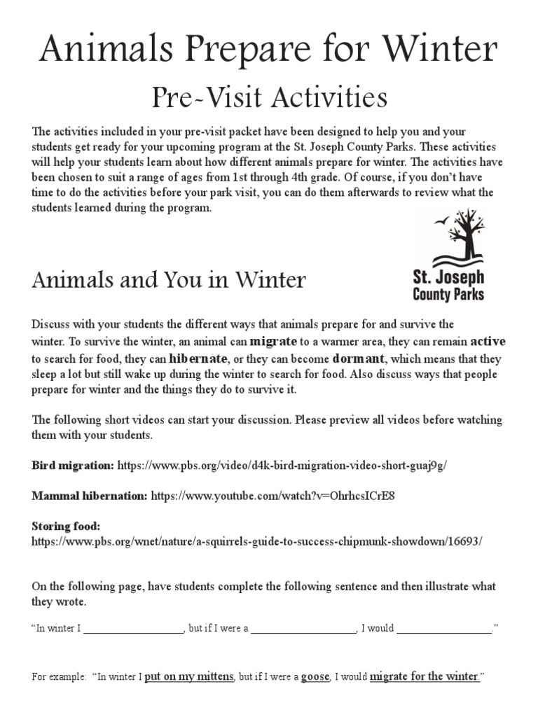 Animals Prepare For Winter Pre-Visit Packet - 202002050832216605 | PDF