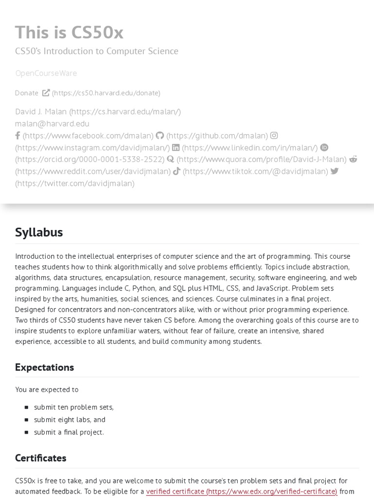 Syllabus - CS50x 2022 | PDF | Computer Programming | Information Age