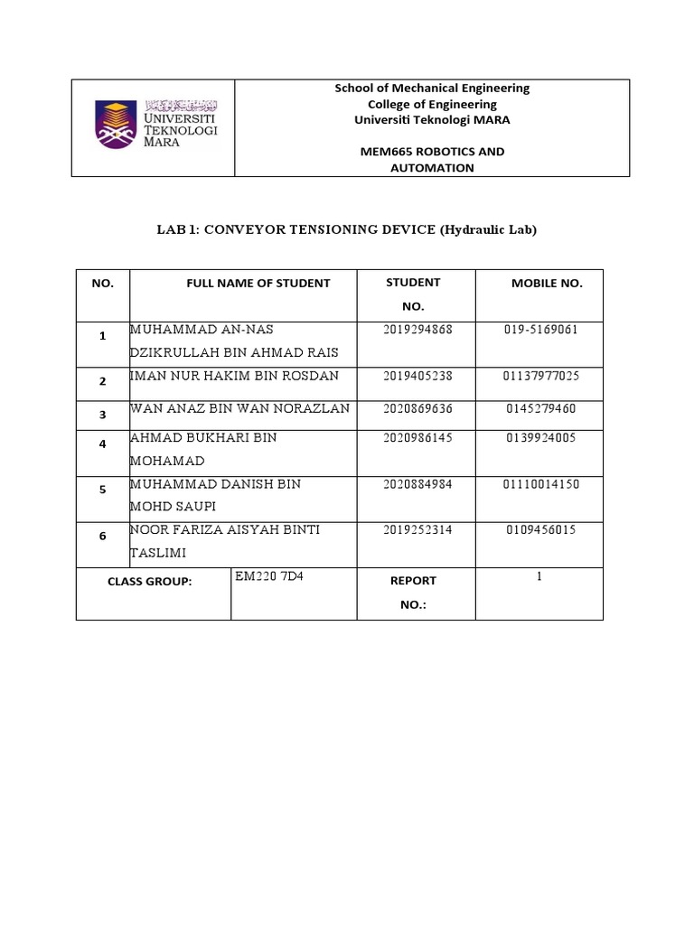 LAB REPORT: Conveyor Tensioning Device | PDF | Pump | Valve