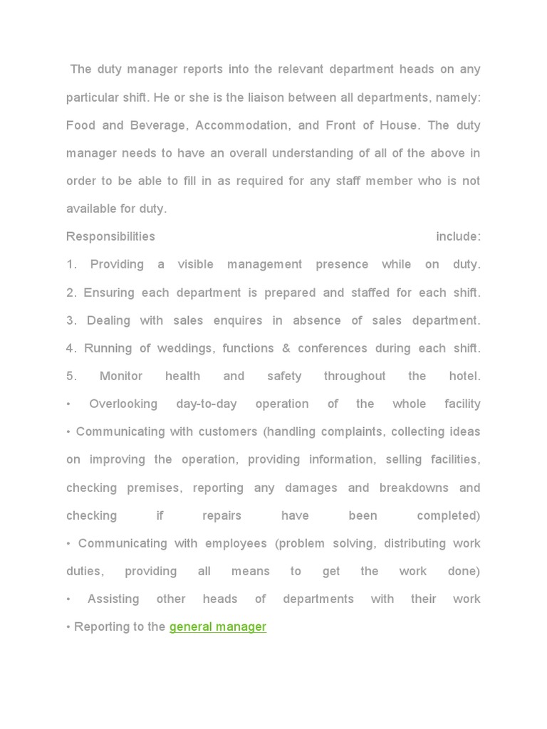 The Duty Manager Reports Into The Relevantt Department Heads On Any ...
