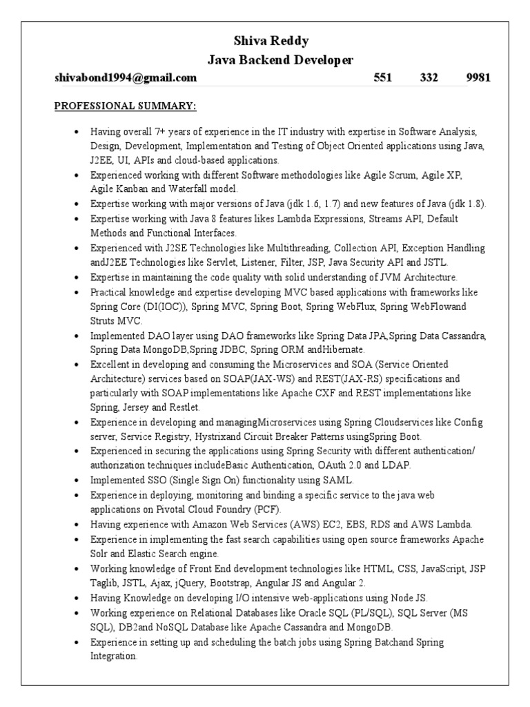 Shiva Reddy Java Backend Developer: Professional Summary | PDF | Spring Framework ...