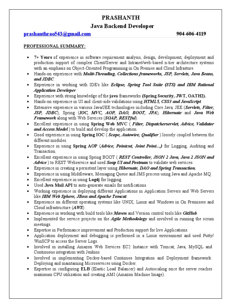 Prashanth Java Backend Developer: Professional Summary | PDF