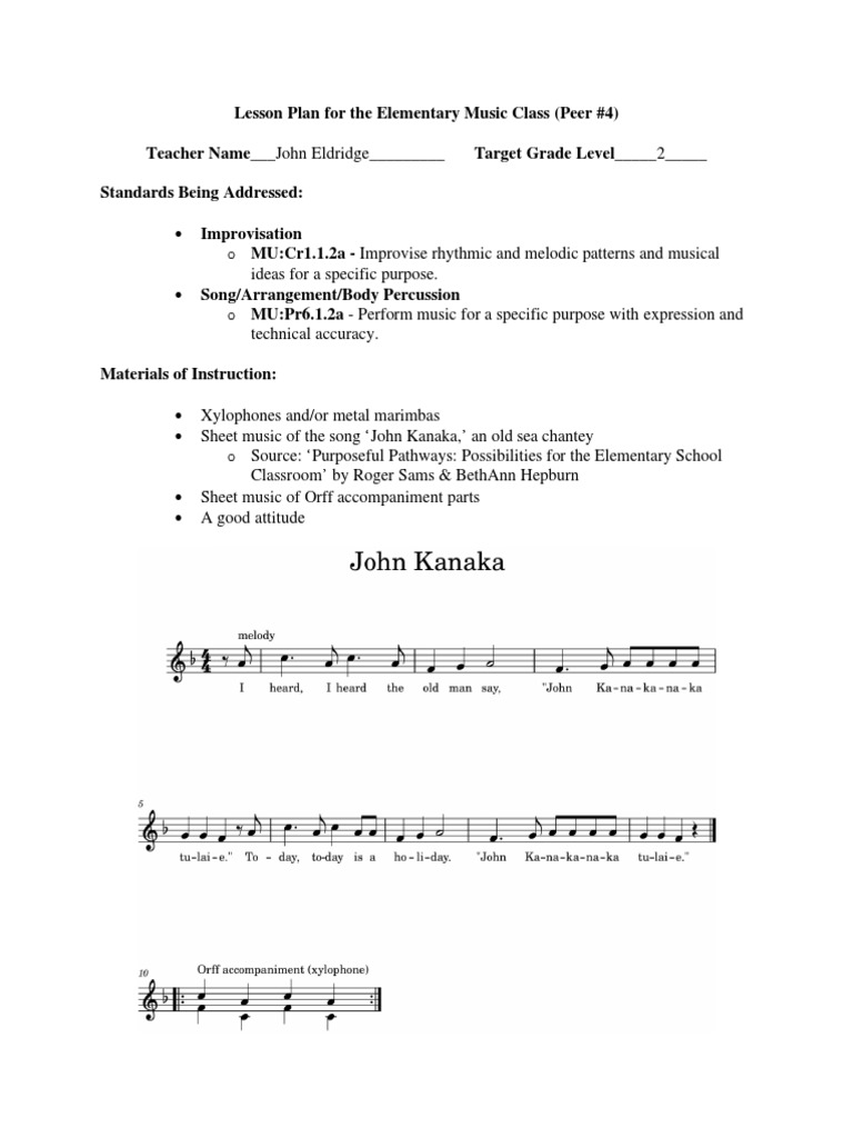 2nd Grade Music Lesson Plan | PDF | Lesson Plan | Songs