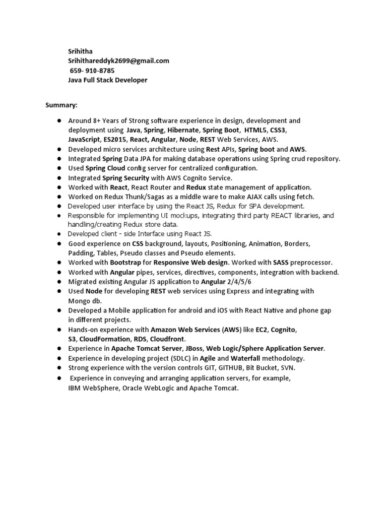 Srihitha 659-910-8785 Java Full Stack Developer Summary | PDF | Angular Js | Java Script
