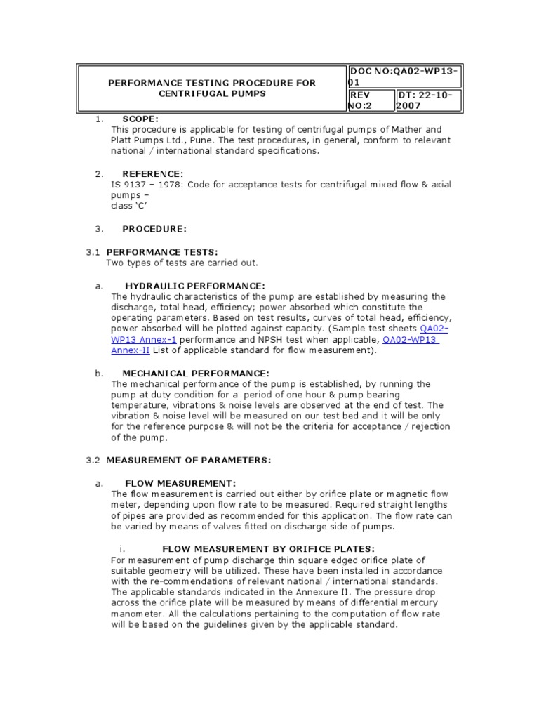 Performance Testing Procedure For Centrifugal Pumps | PDF | Flow ...